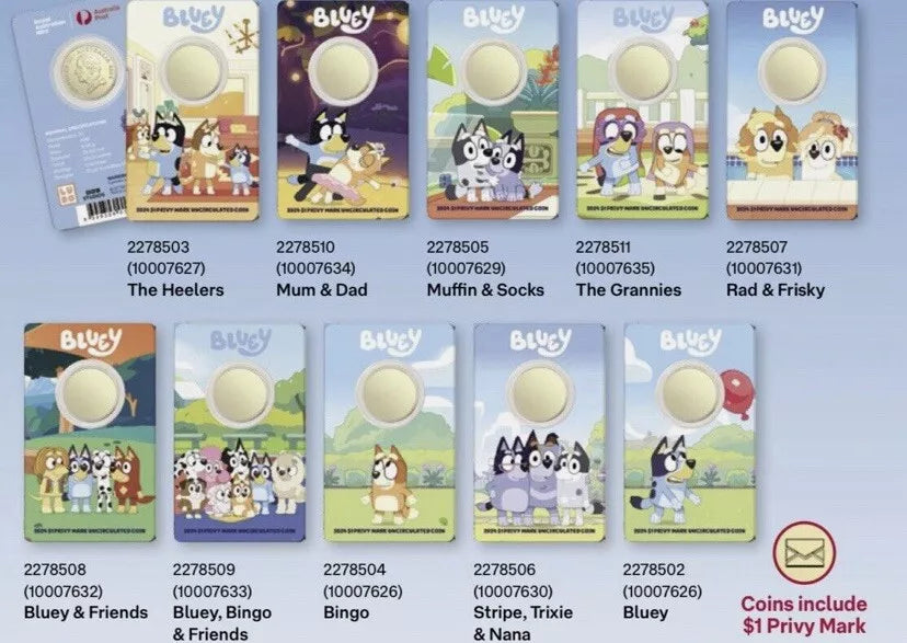 2024 $1 Bluey Bucks Coin Card Set of 10 All Coins With Privy Marks ...